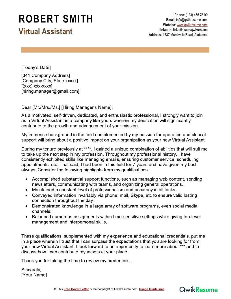 Cover Letter Template For Virtual Assistant