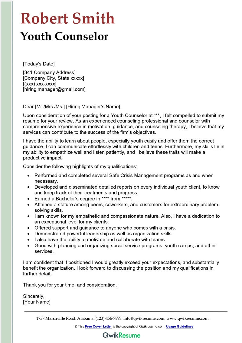 Youth Counselor Cover Letter Examples QwikResume