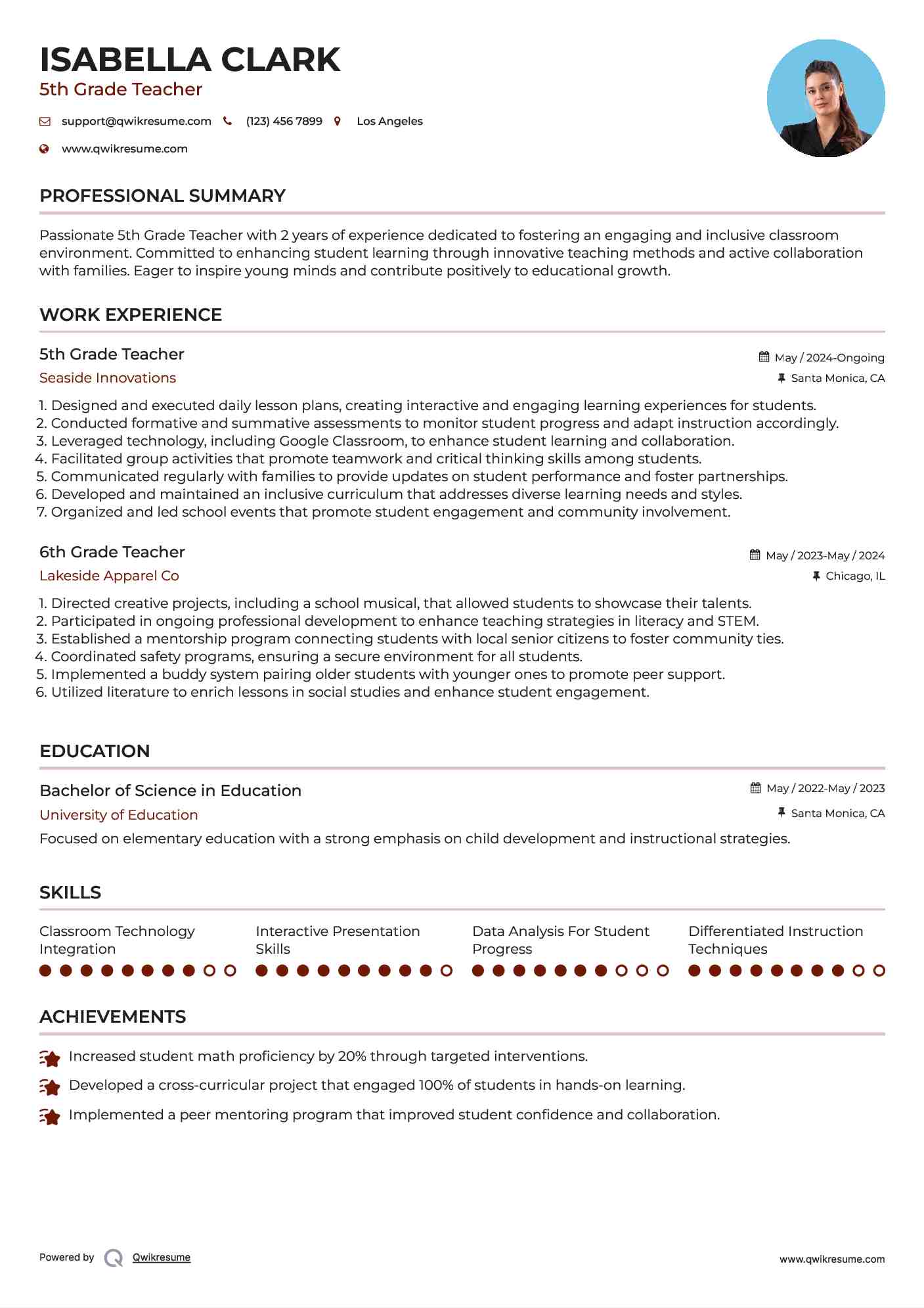 5th Grade Teacher Resume Samples QwikResume