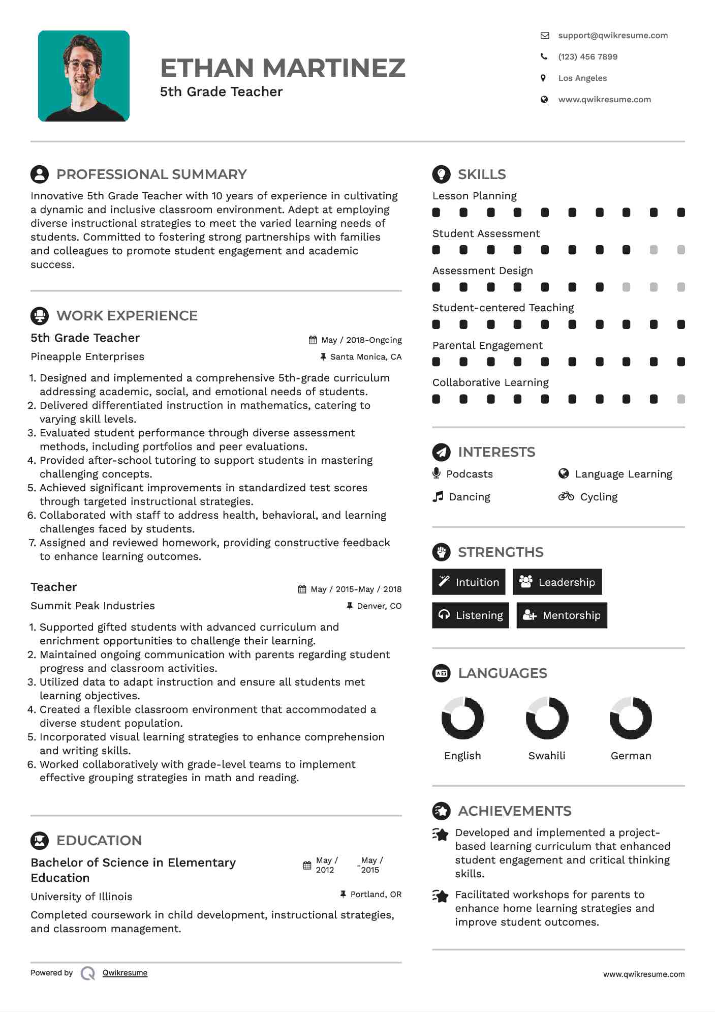 5th Grade Teacher Resume Samples QwikResume