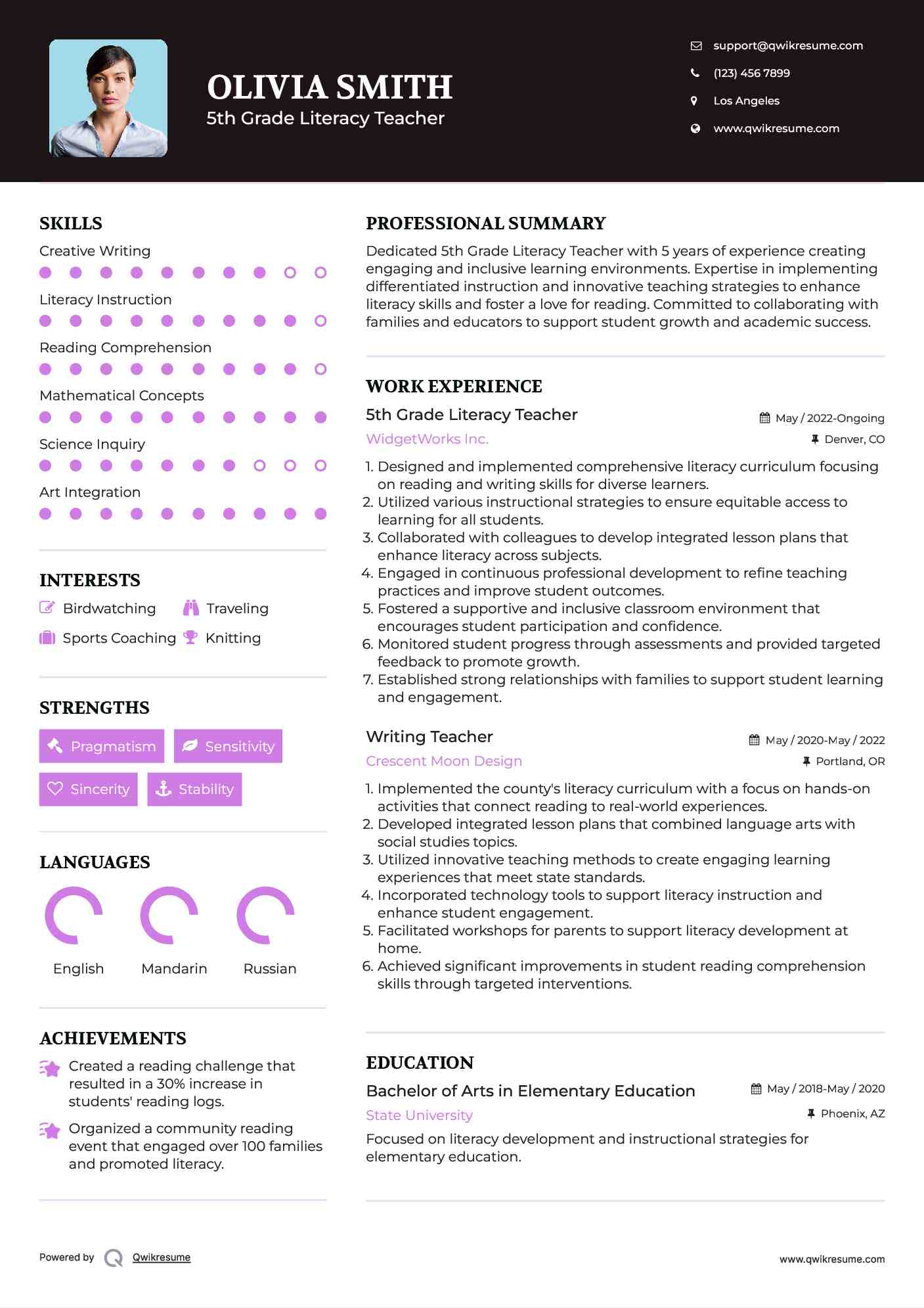 5th Grade Teacher Resume Samples QwikResume