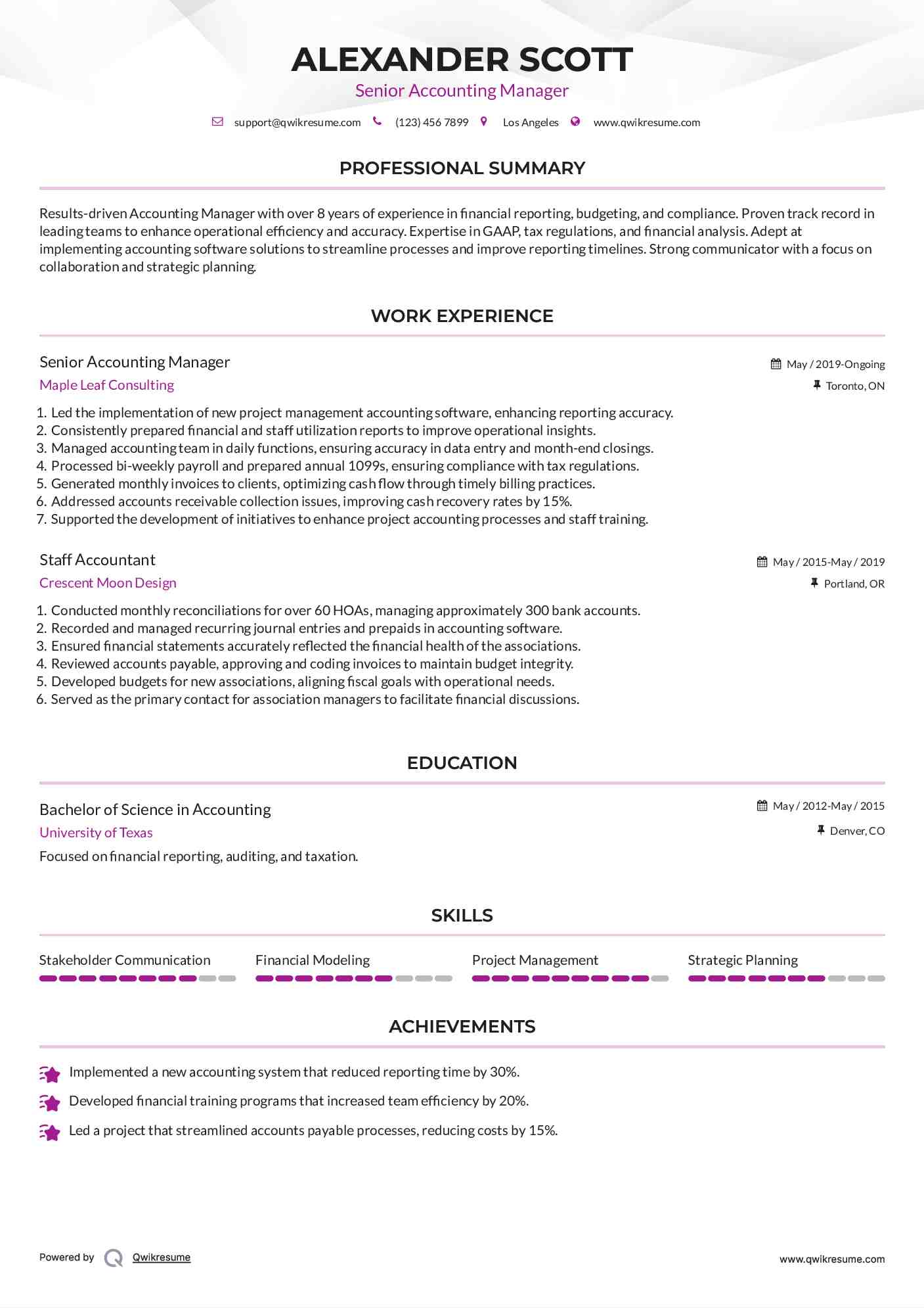 Accounting Manager Resume Samples QwikResume