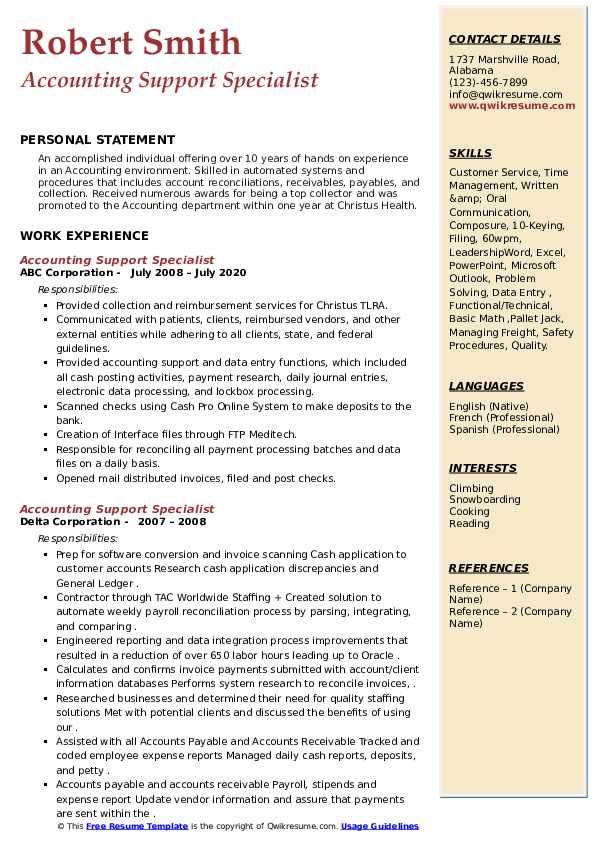 Accounting Support Specialist Resume Samples | QwikResume