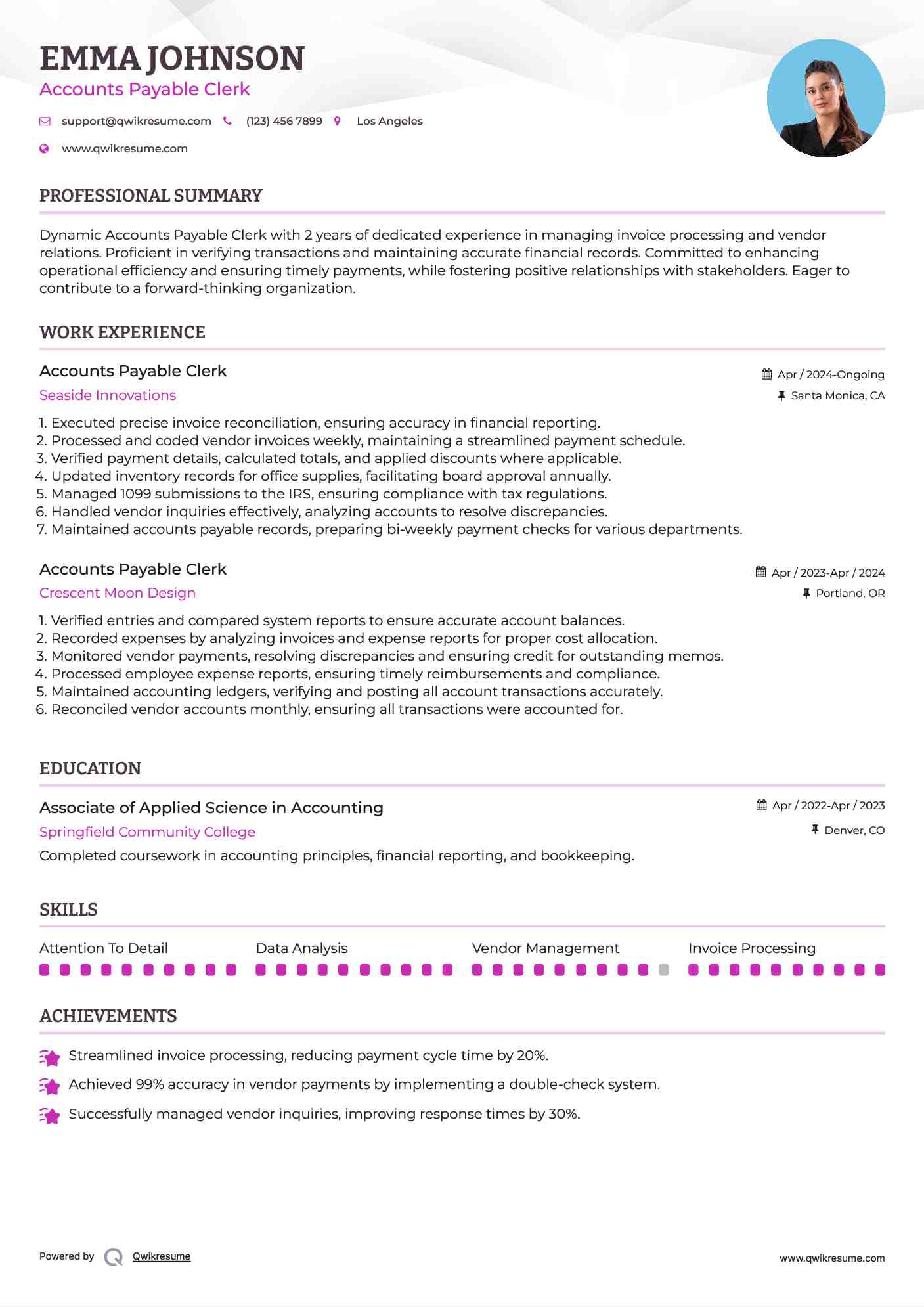 Accounts Payable Clerk Resume Samples QwikResume