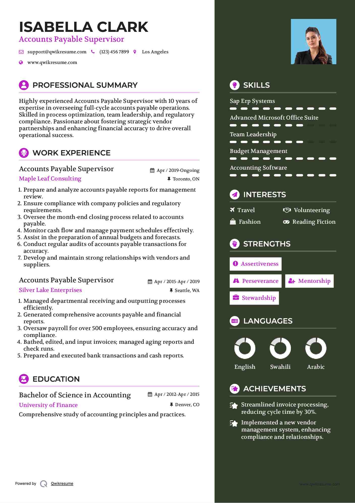 Accounts Payable Supervisor Resume Samples QwikResume