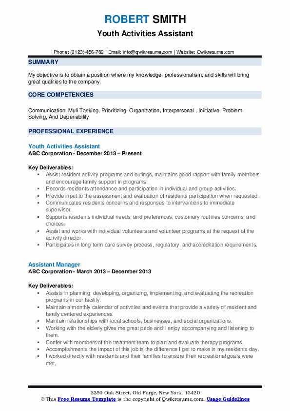 Activities Assistant Resume Samples | QwikResume
