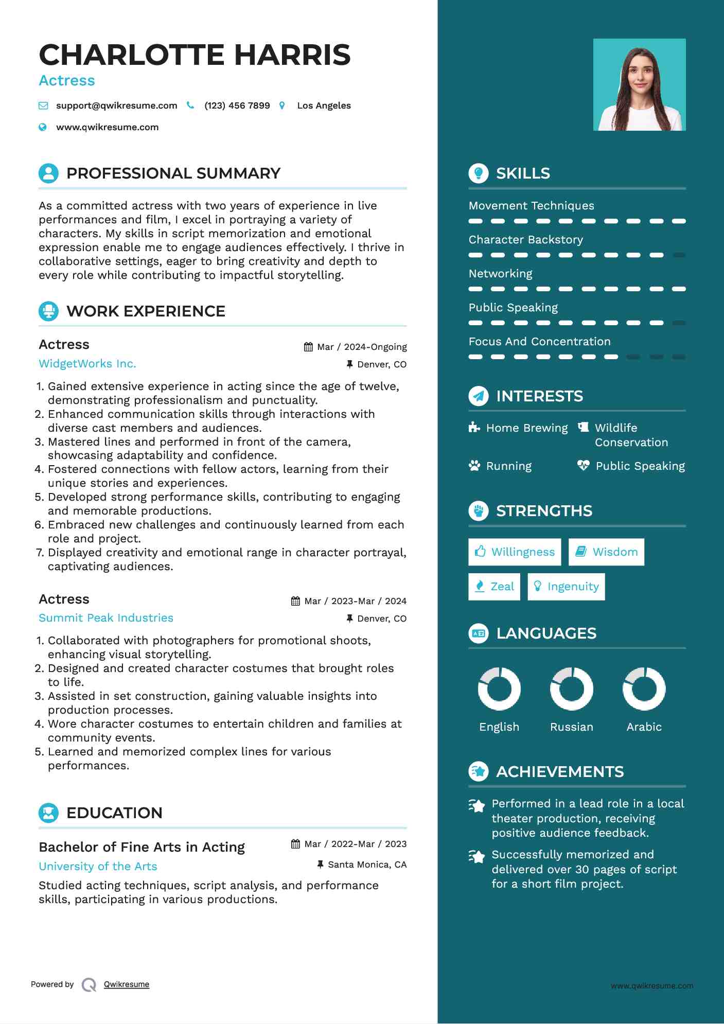 Actress Resume Samples QwikResume