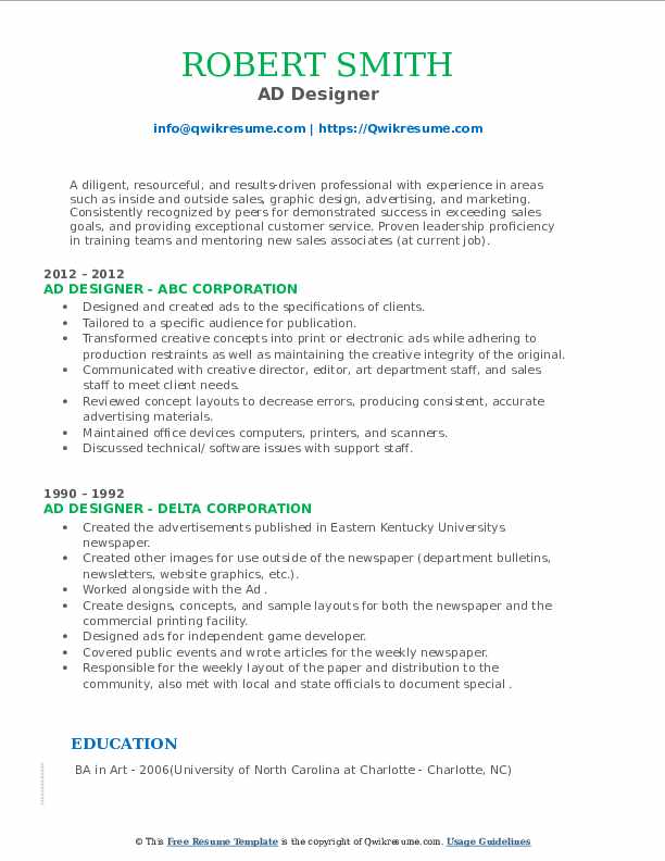 AD Designer Resume Samples | QwikResume