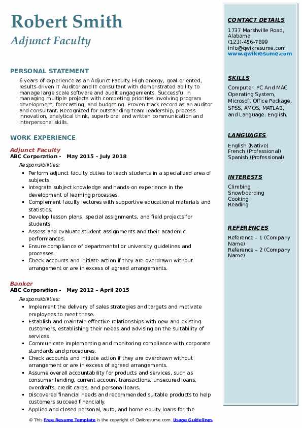 Adjunct Faculty Resume Samples QwikResume
