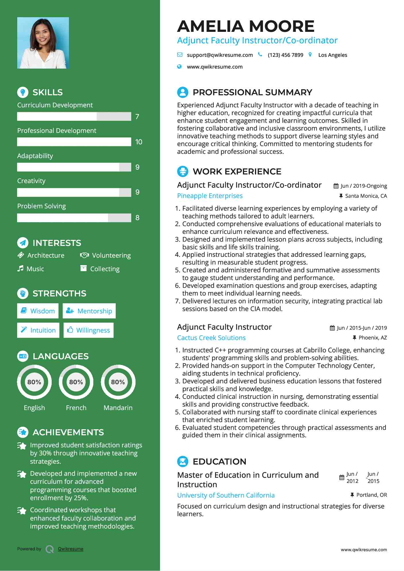 Adjunct Faculty Instructor Resume Samples QwikResume