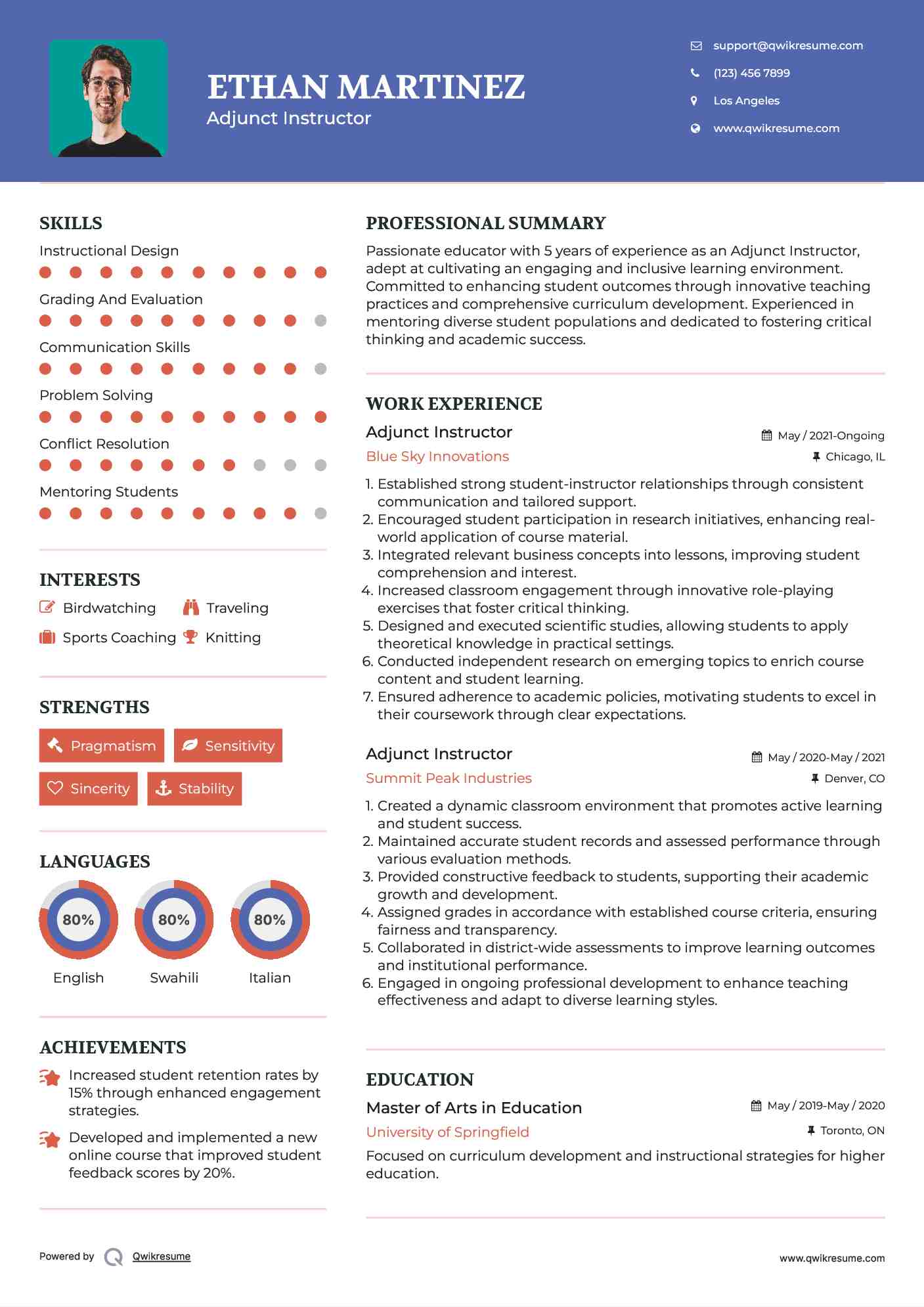 Adjunct Instructor Resume Samples QwikResume