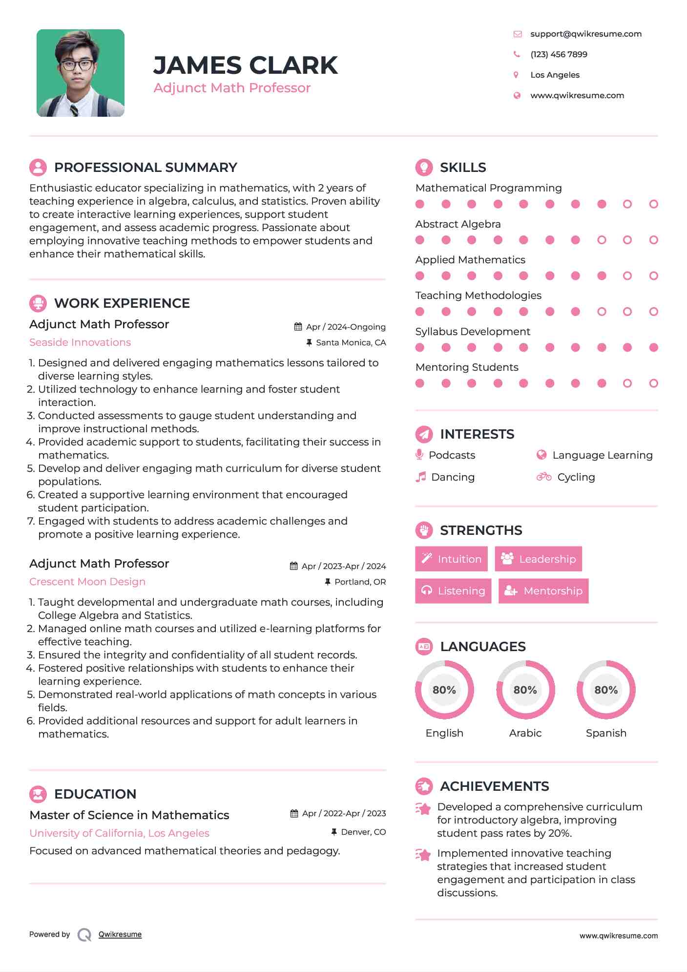 Adjunct Math Professor Resume Samples QwikResume
