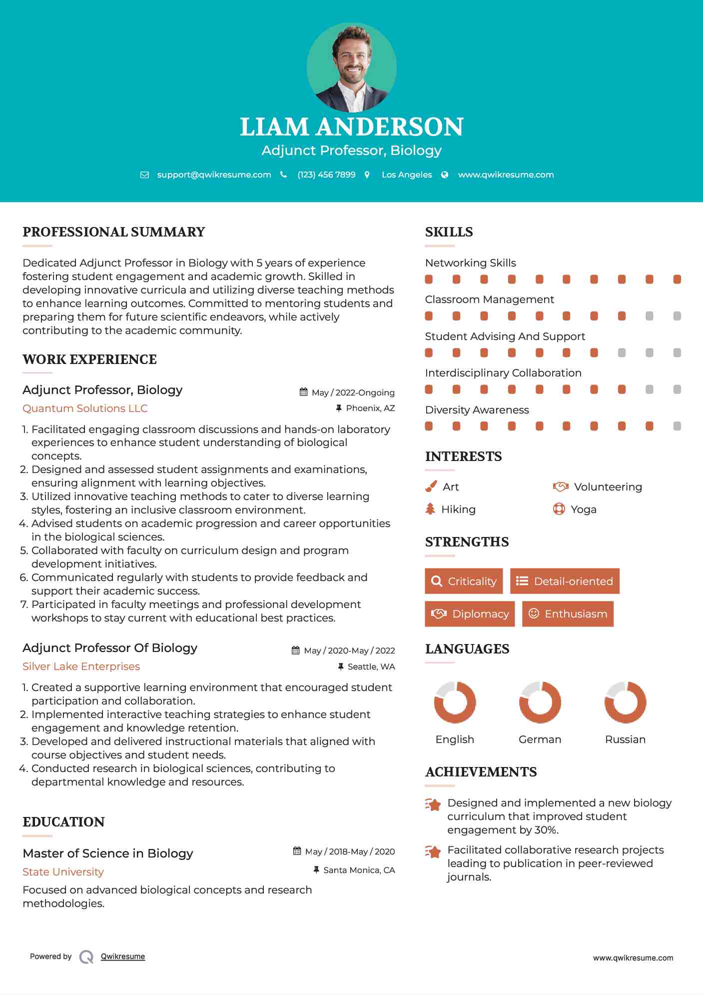 Adjunct Professor Resume Samples QwikResume