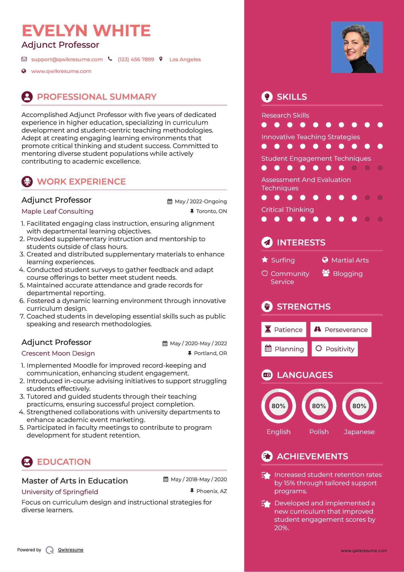 Adjunct Professor Resume Samples QwikResume