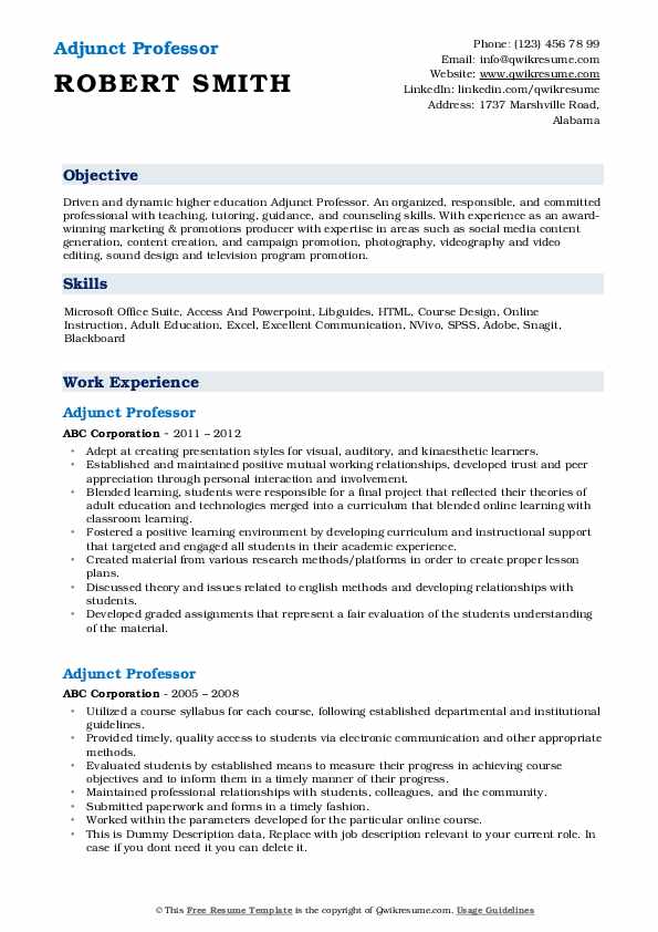 Adjunct Professor Resume Samples QwikResume