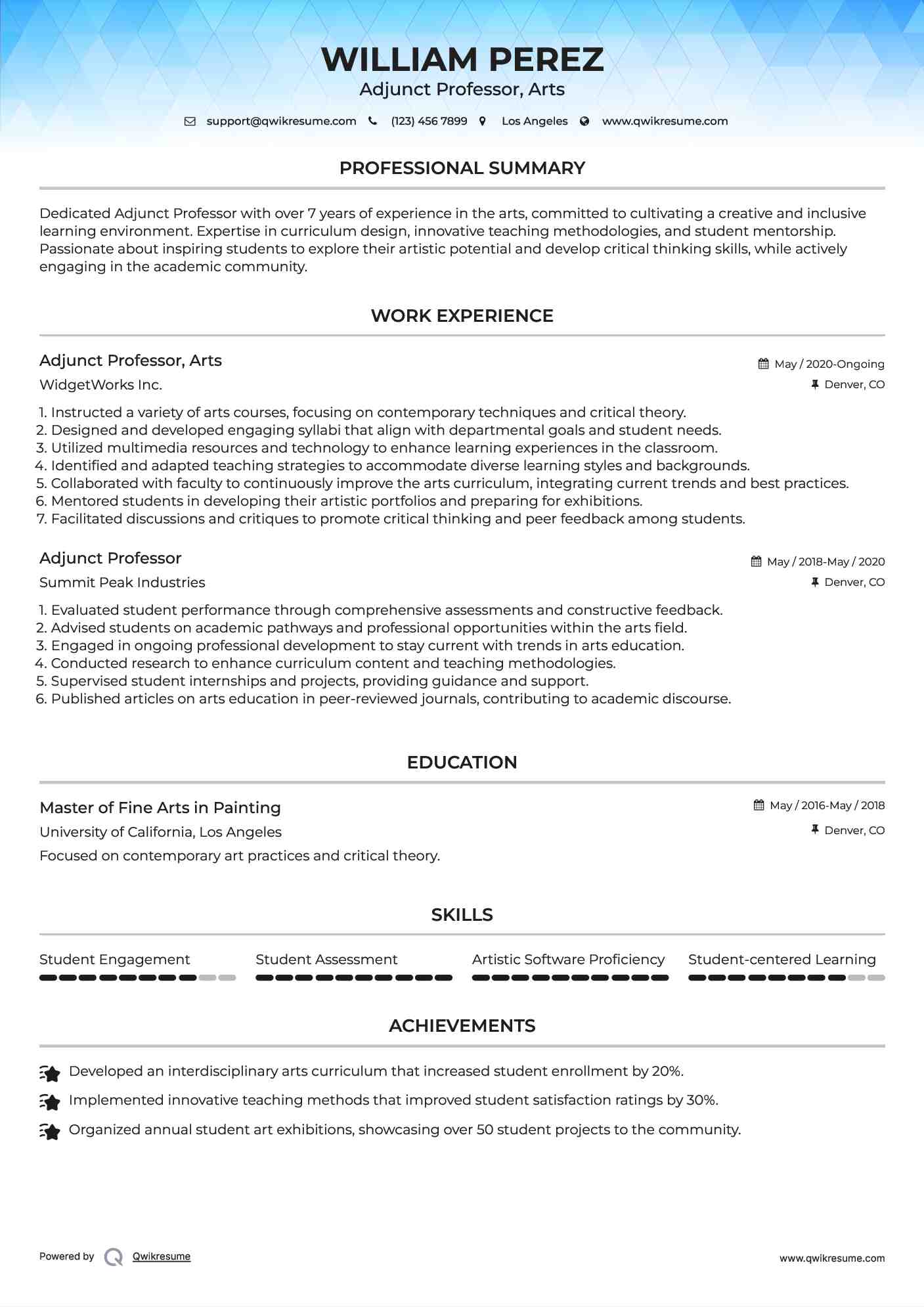 Adjunct Professor Resume Samples QwikResume