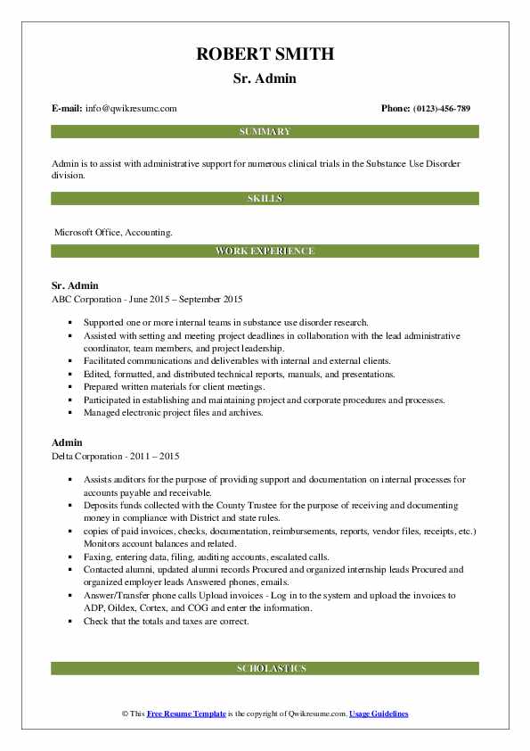 Admin Resume Samples | QwikResume