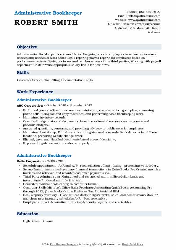 Administrative Bookkeeper Resume Samples | QwikResume