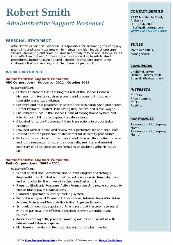 Administrative Support Personnel Resume Samples | QwikResume