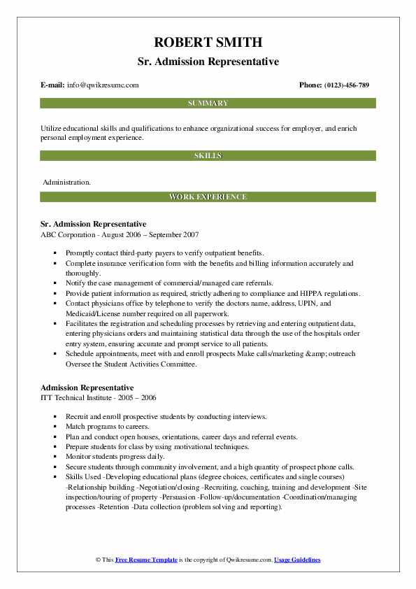 Admissions Representative Sample Resume College Admissions Resume