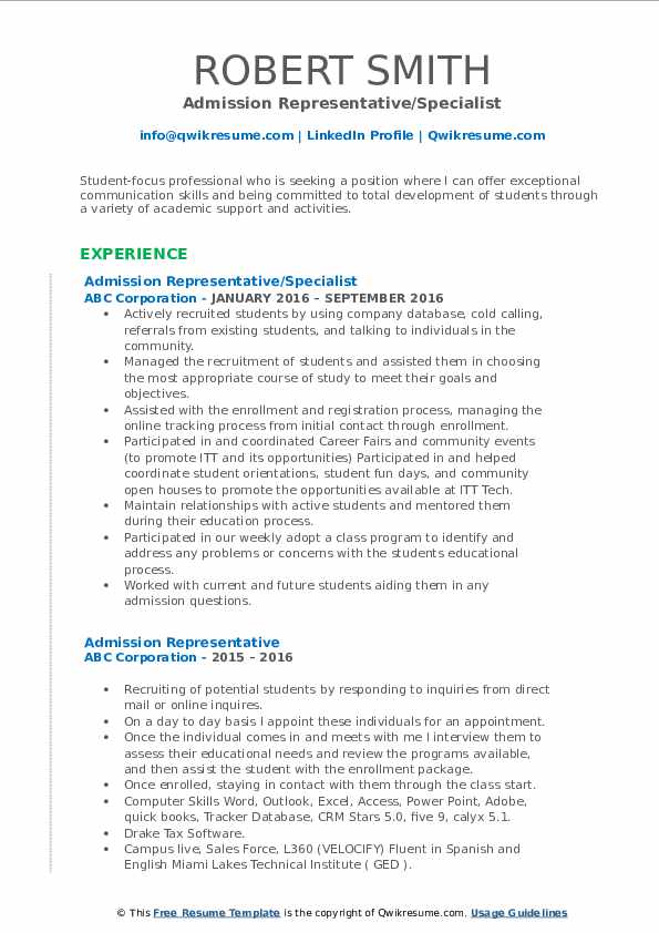 Admissions Representative Sample Resume
