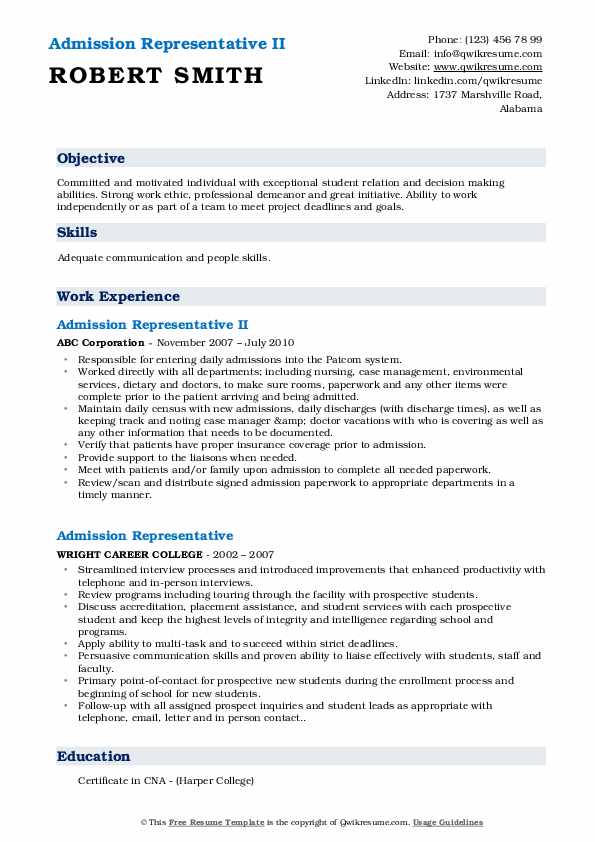 Admissions Representative Sample Resume