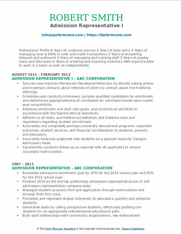 Admissions Representative Sample Resume