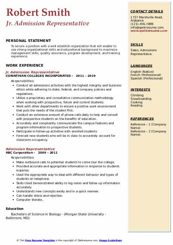 Admissions Representative Sample Resume
