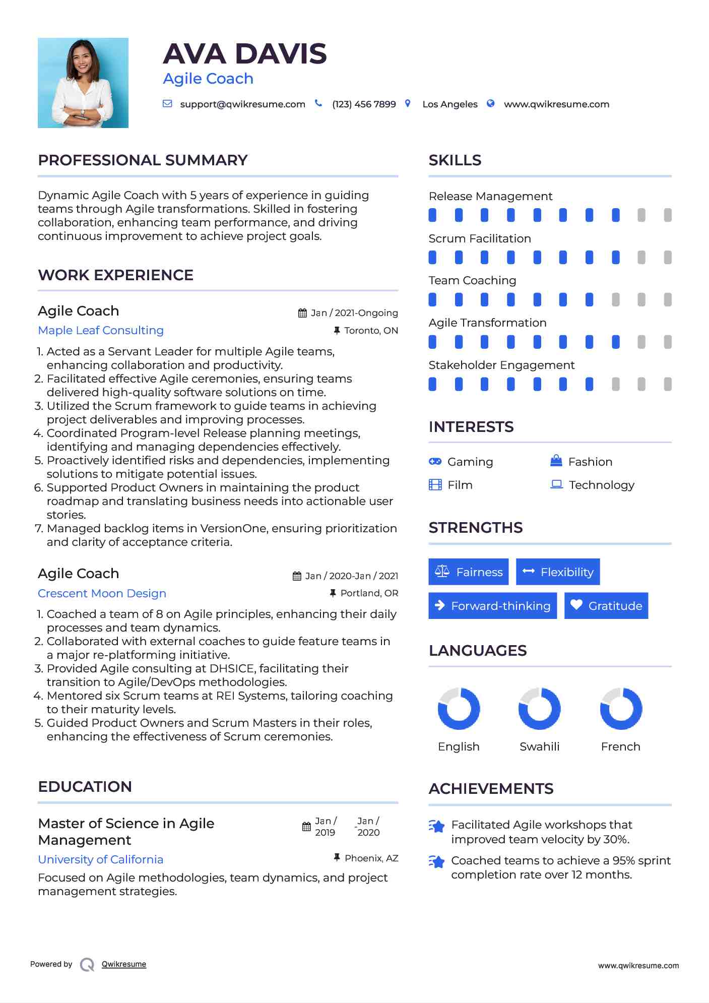 Agile Coach Resume Samples QwikResume