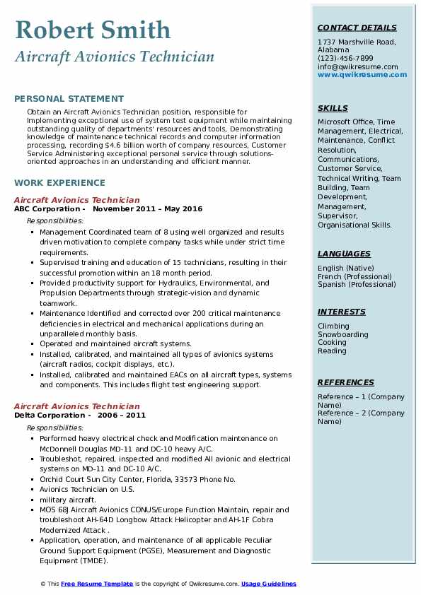 Aircraft Avionics Technician Resume Samples | QwikResume