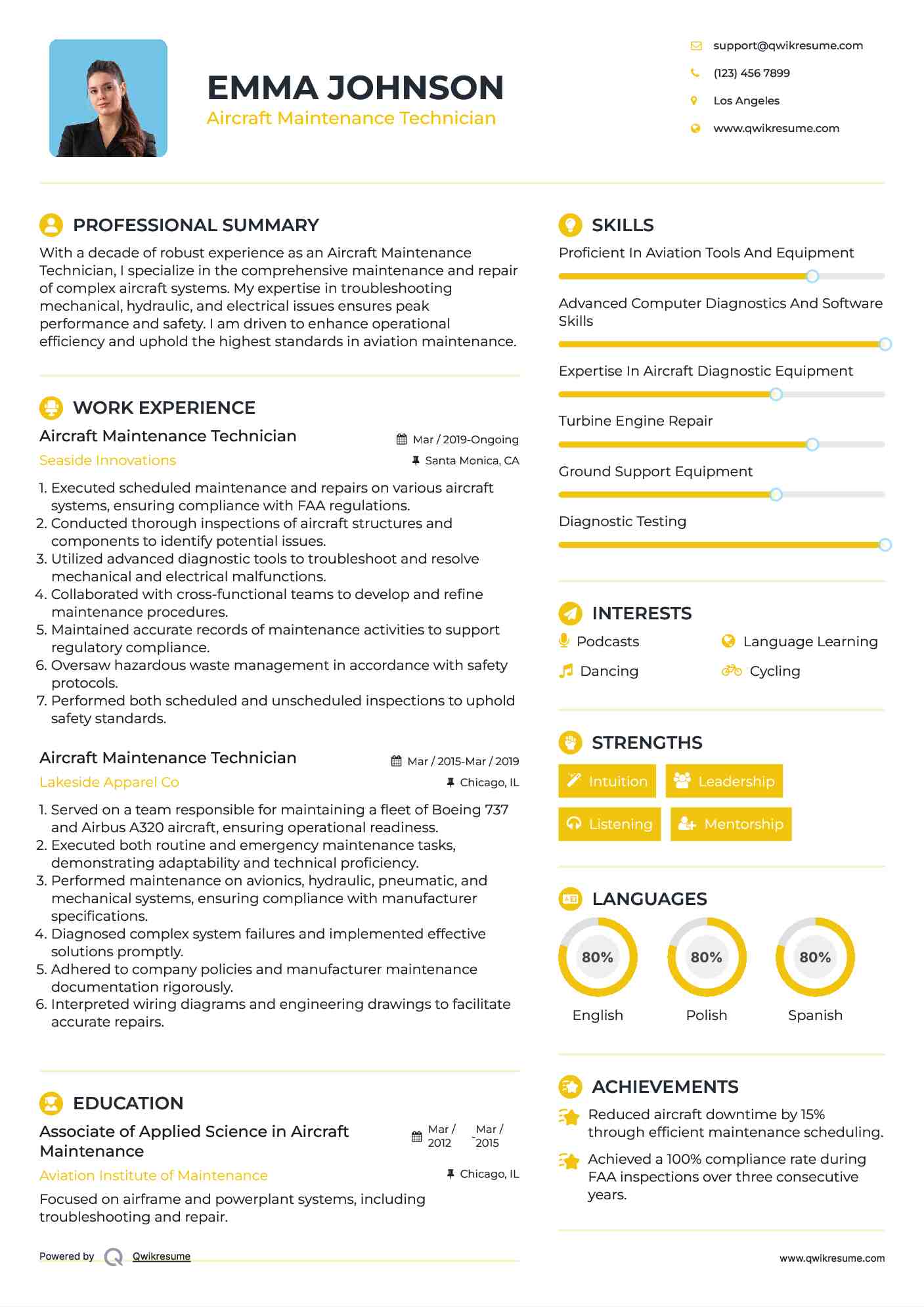 Aircraft Maintenance Technician Resume Samples QwikResume
