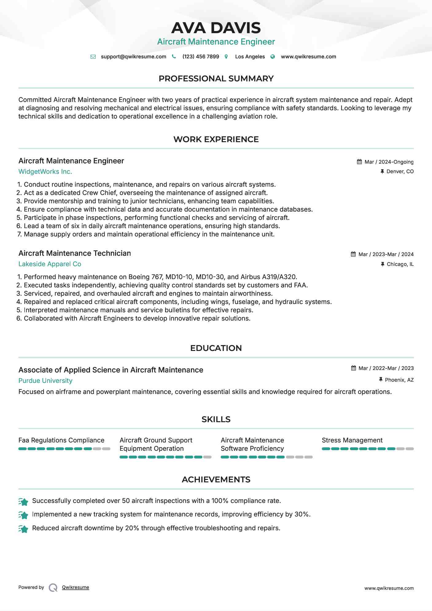 Aircraft Maintenance Technician Resume Summary