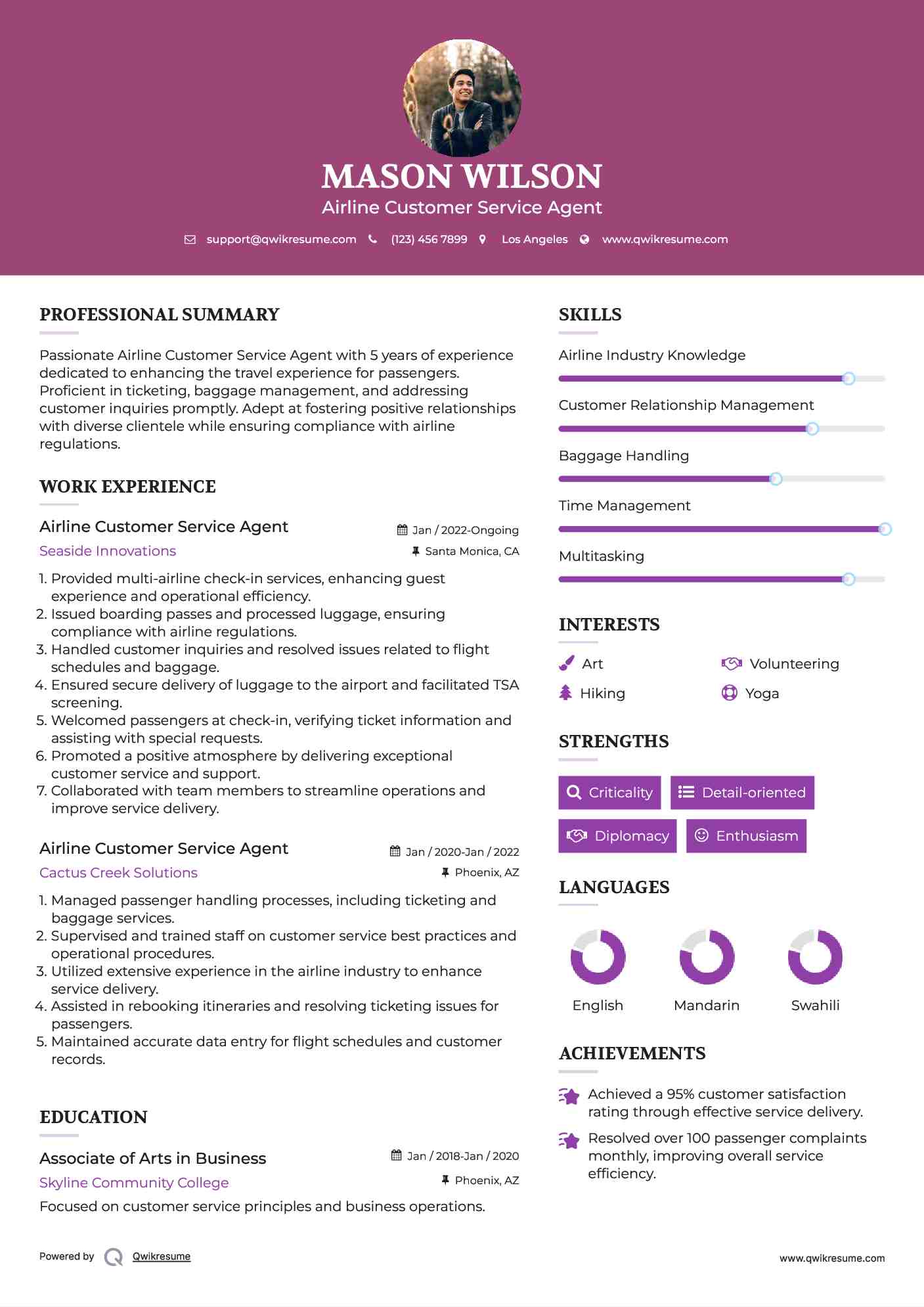 Airline Customer Service Agent Resume Samples QwikResume