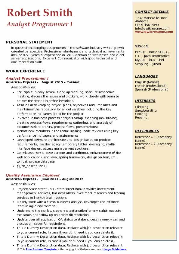 Analyst Programmer Resume Samples | QwikResume