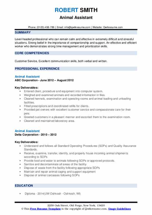 Animal Assistant Resume Samples | QwikResume