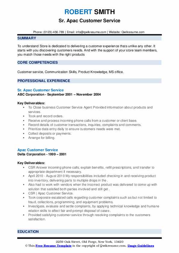 Apac Customer Service Resume Samples | QwikResume