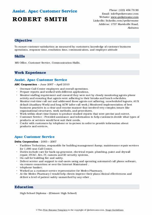 Apac Customer Service Resume Samples | QwikResume