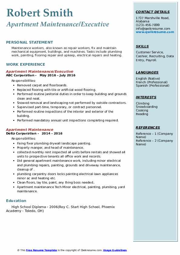 Apartment Maintenance Resume Samples QwikResume