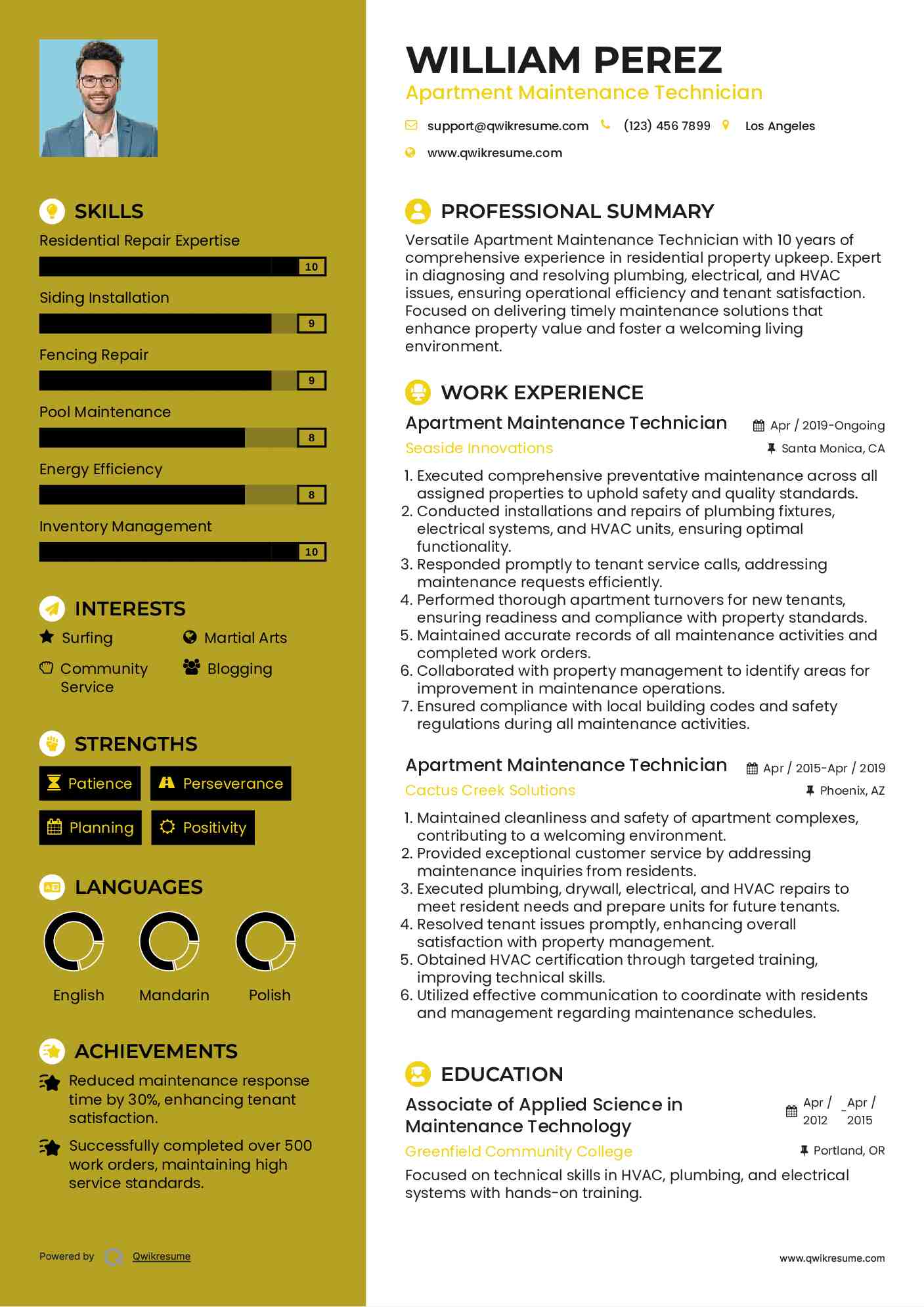 Apartment Maintenance Technician Resume Samples QwikResume
