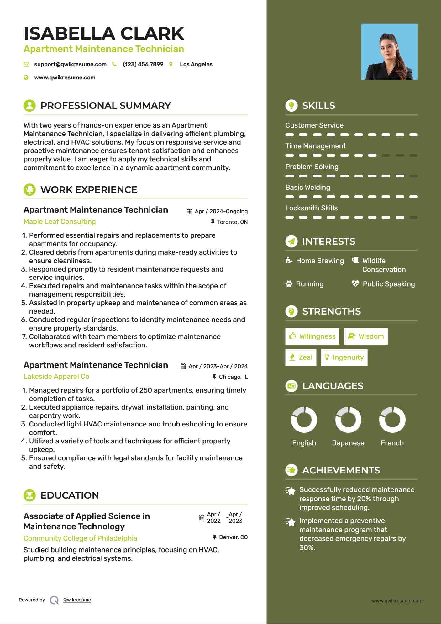 Apartment Maintenance Technician Resume Samples QwikResume