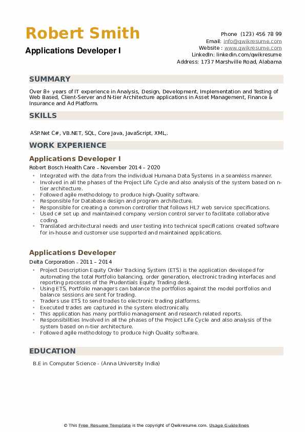 Application Developer Resume