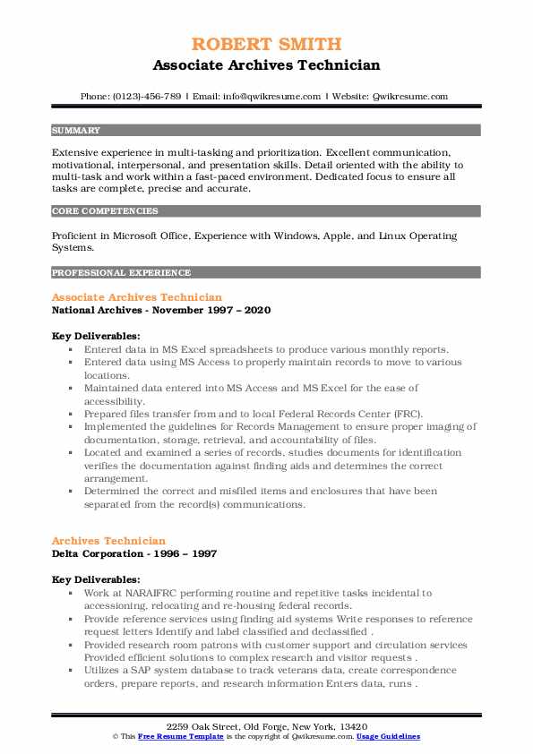 Archives Technician Resume Samples | QwikResume