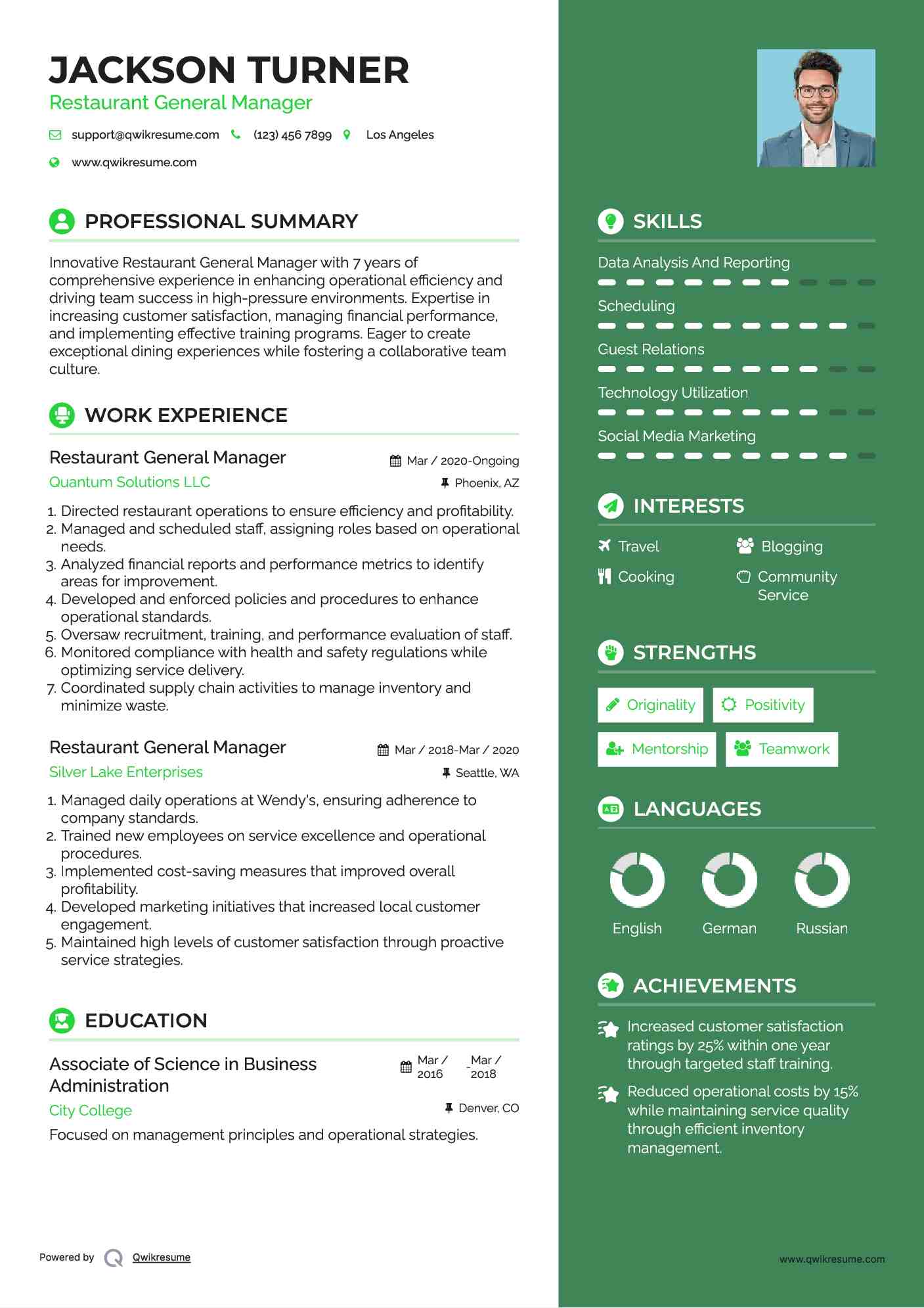Restaurant General Manager Resume Samples QwikResume