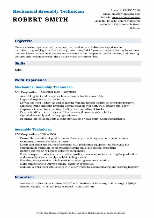 Assembly Technician Resume Samples | QwikResume