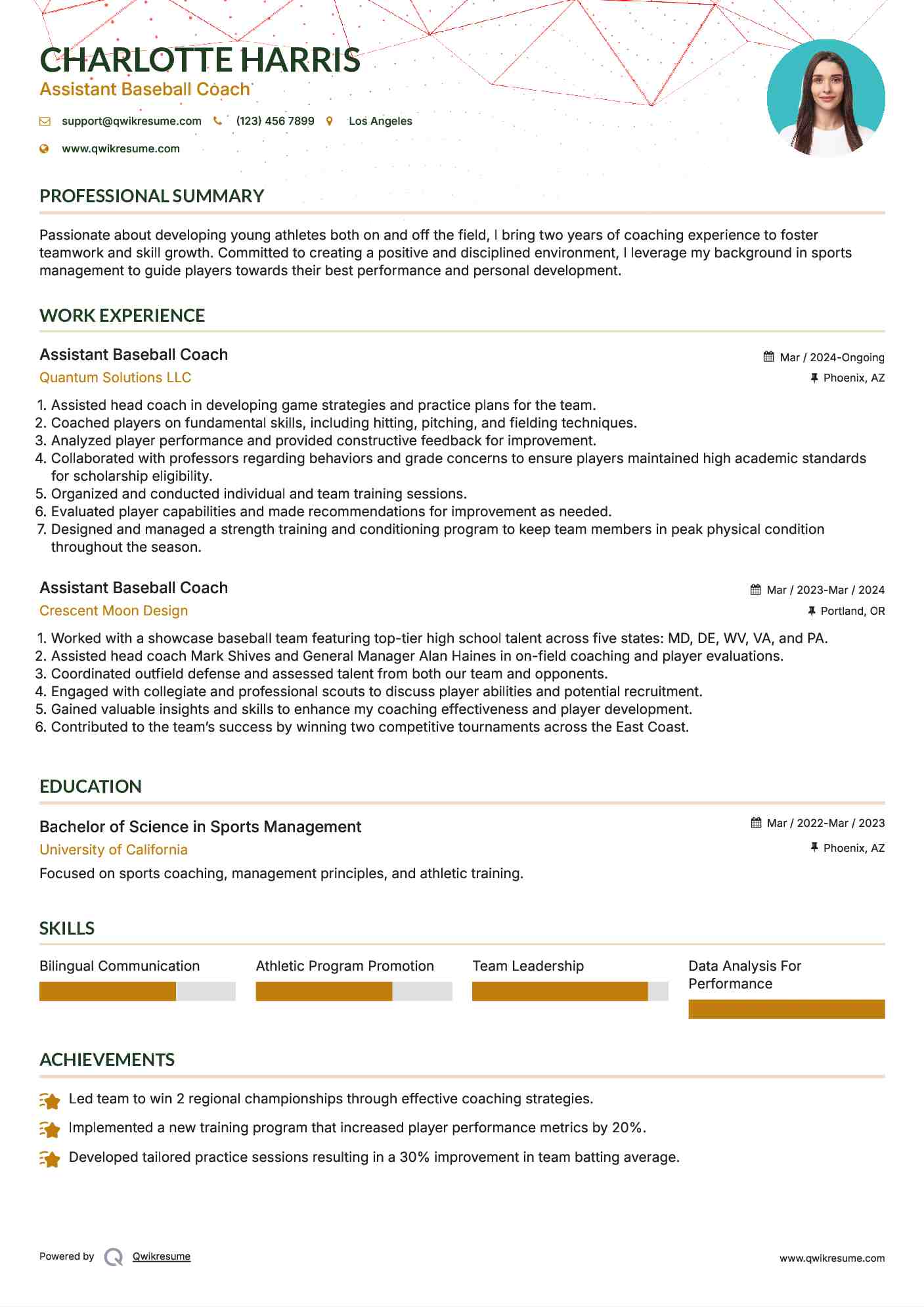 Assistant Baseball Coach Resume Samples QwikResume