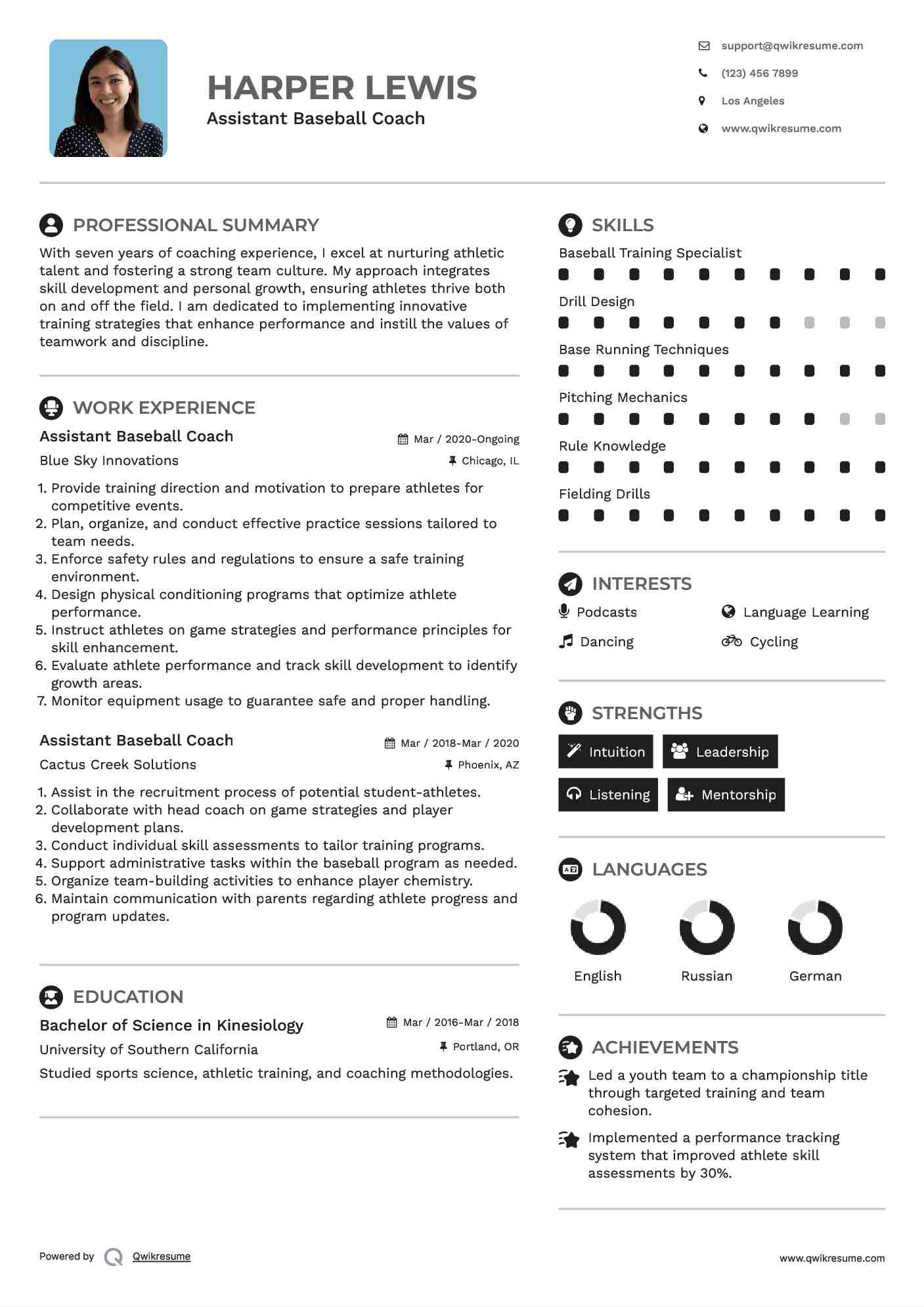 Assistant Baseball Coach Resume Samples QwikResume