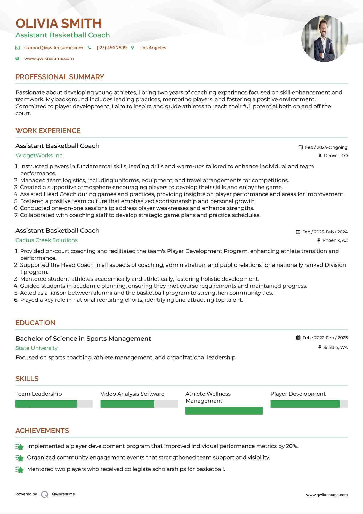 Assistant Basketball Coach Resume Samples QwikResume