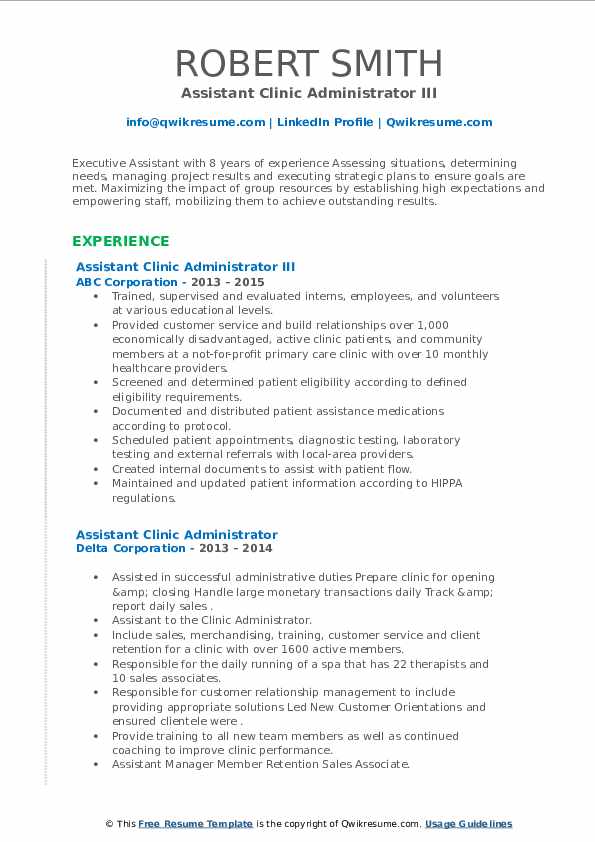 Assistant Clinic Administrator Resume Samples | QwikResume