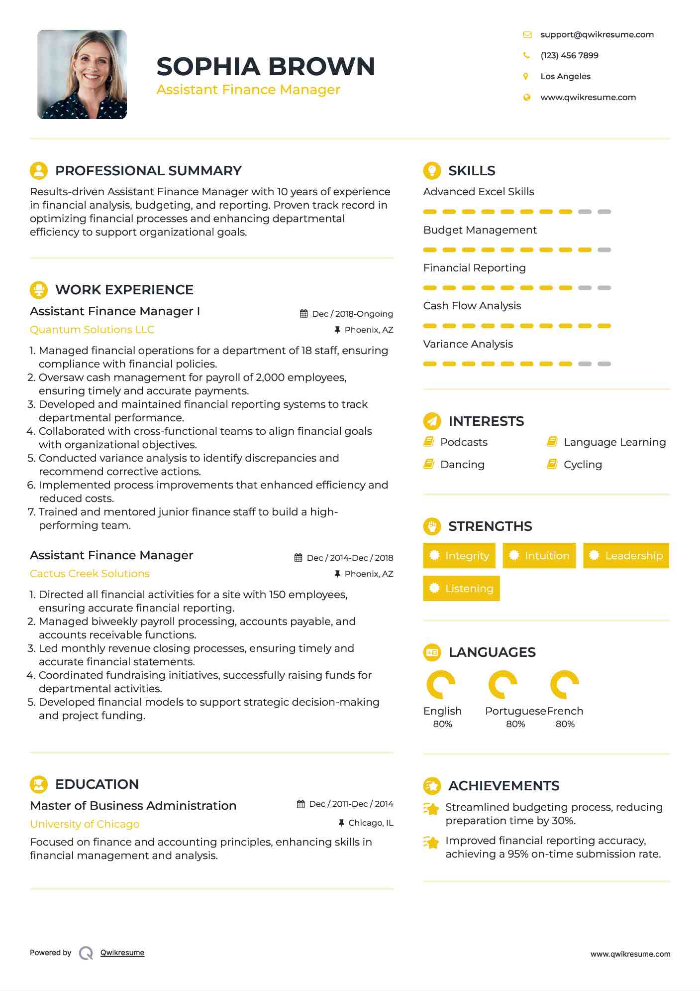Assistant Finance Manager Resume Samples QwikResume