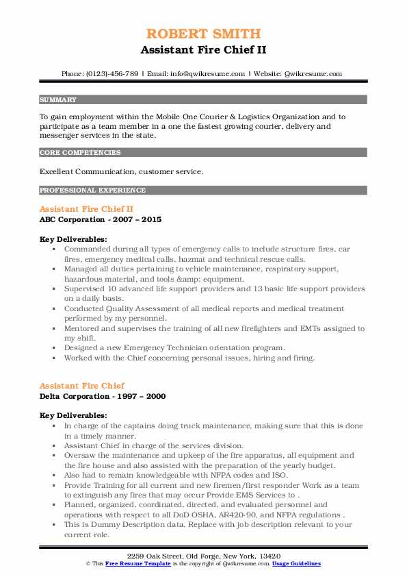 Assistant Fire Chief Resume Samples | QwikResume